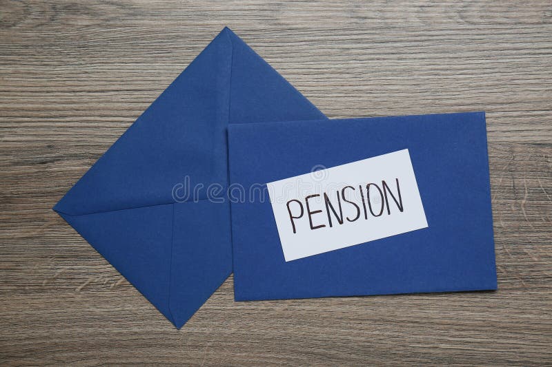 Card with Word Pension and Envelopes on Wooden Table, Flat Lay Stock ...