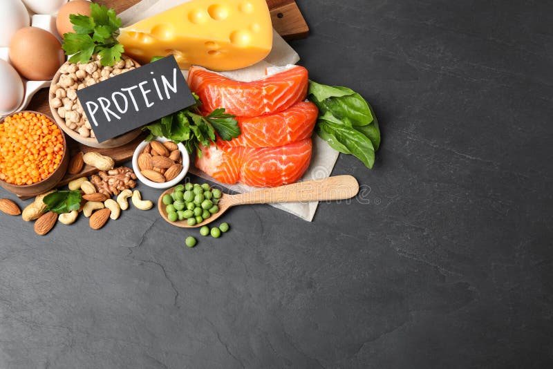 Card with Word PROTEIN and Products on Black Table, Above View Stock ...