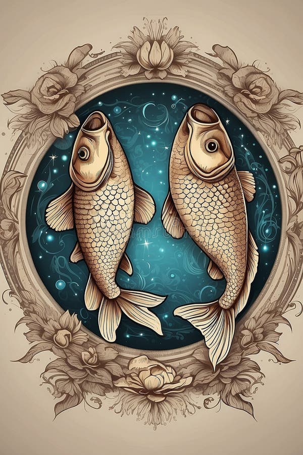 Card of the Zodiac Sign of Fish in Style of an Old Engraving Stock ...