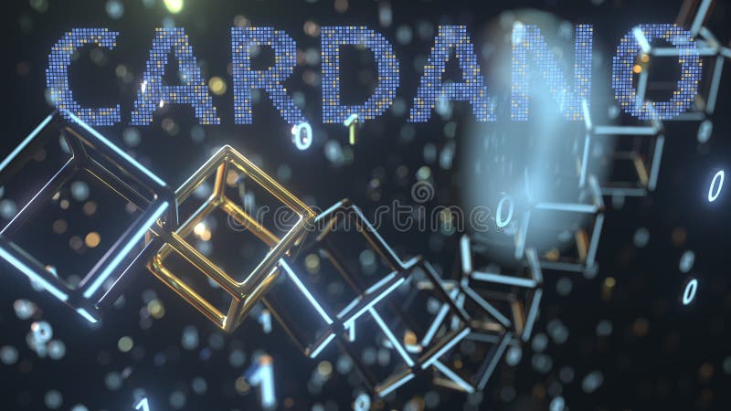 CARDANO Text and Cubic Chain and Binary Numbers. Cryptocurrency Concept, 3D Rendering Stock ...