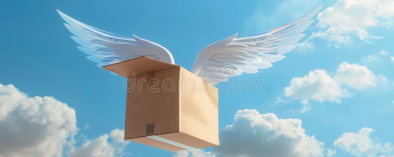 Cardboard Box with Angel Wings Flying in the Sky, Conceptual Image of ...