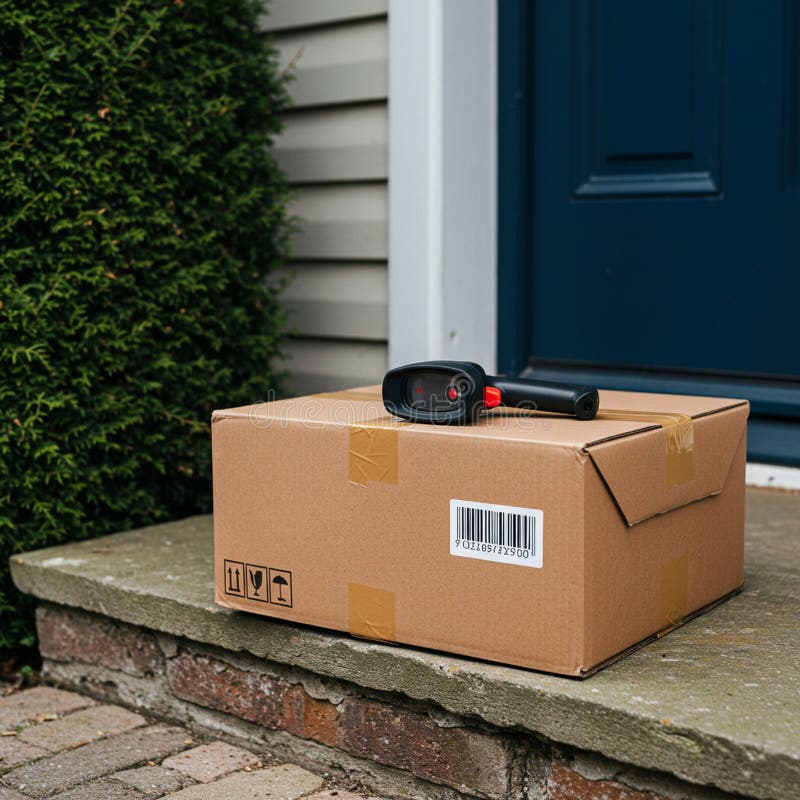 Cardboard Box with a Barcode and Handling Symbols Sits on a Doorstep. a ...