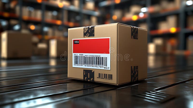 Cardboard Box with Barcode Label in a Warehouse Stock Illustration ...