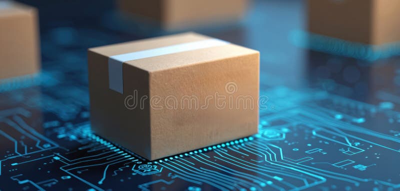 Cardboard Box on Circuit Board Digital Supply Chain Logistics. Business ...