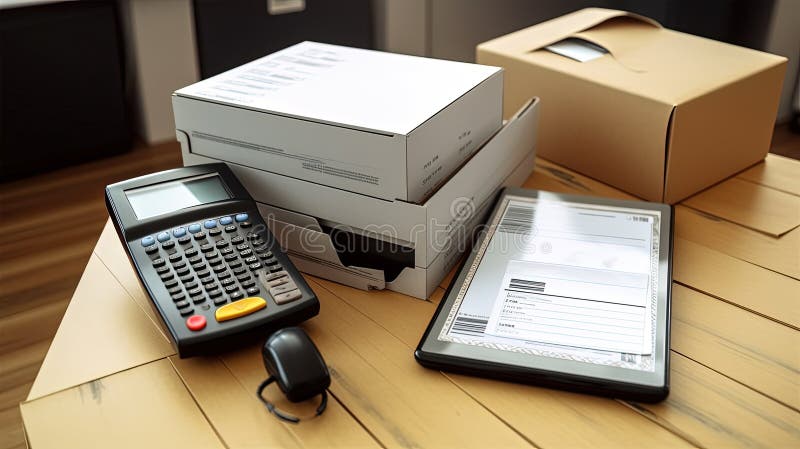 Cardboard Box, Clipboard with Receiving Form and Pos Terminal an Stock ...
