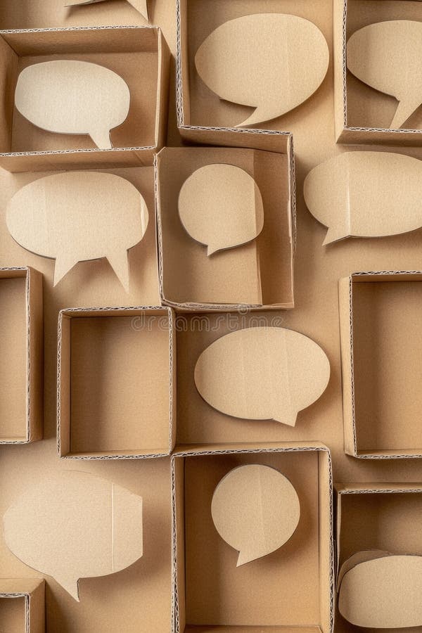 Cardboard Box Collection with Speech Bubbles Stock Photo - Image of ...
