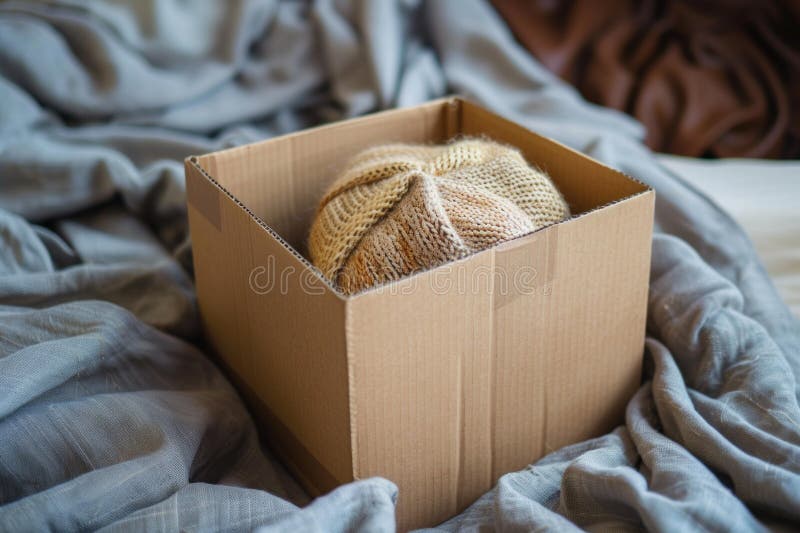 Cardboard Box Containing Knitted Wool Hat Lying on Bed Stock Photo ...