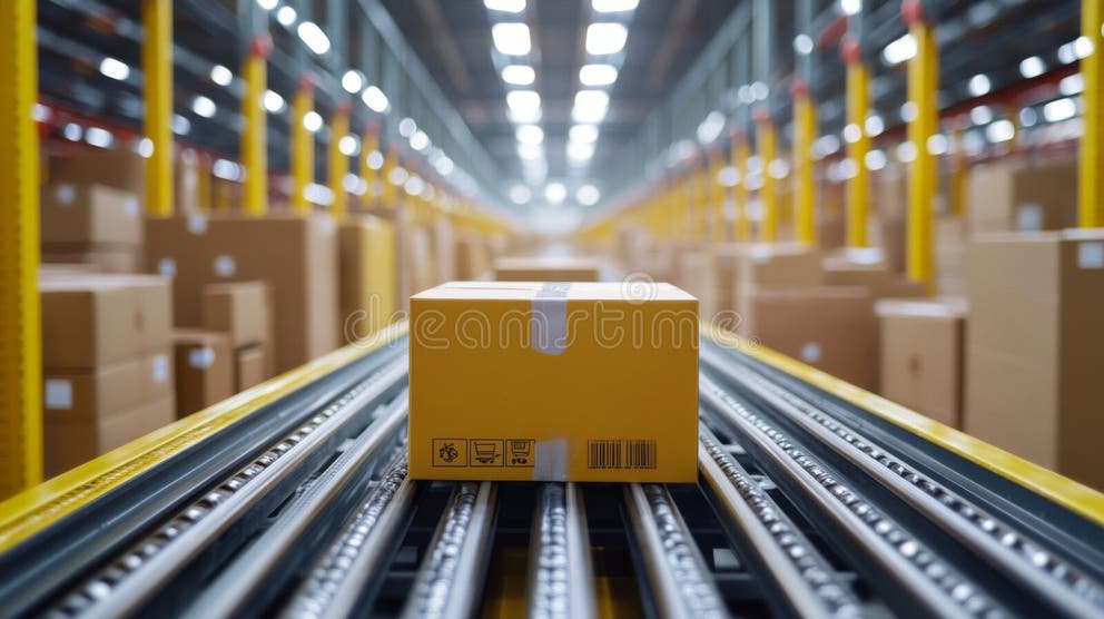 Cardboard Box on Conveyor Belt in Bright Warehouse Stock Illustration - Illustration of ...