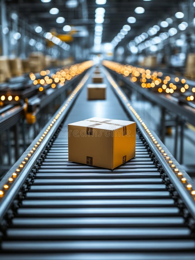 Cardboard Box on Conveyor Belt in a Logistics Warehouse. Stock Image ...