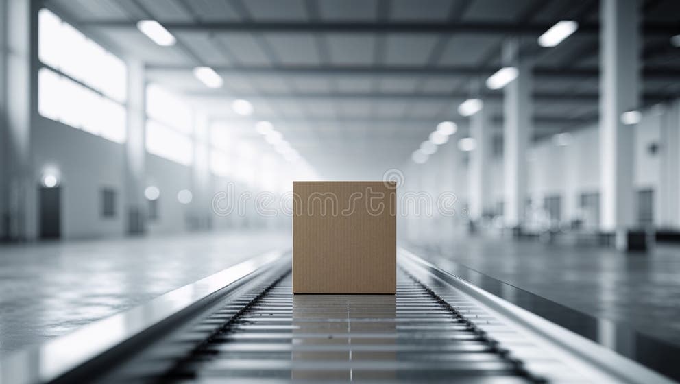 A Cardboard Box on a Conveyor Belt in a Modern Warehouse with Bright Lighting and Empty Space ...