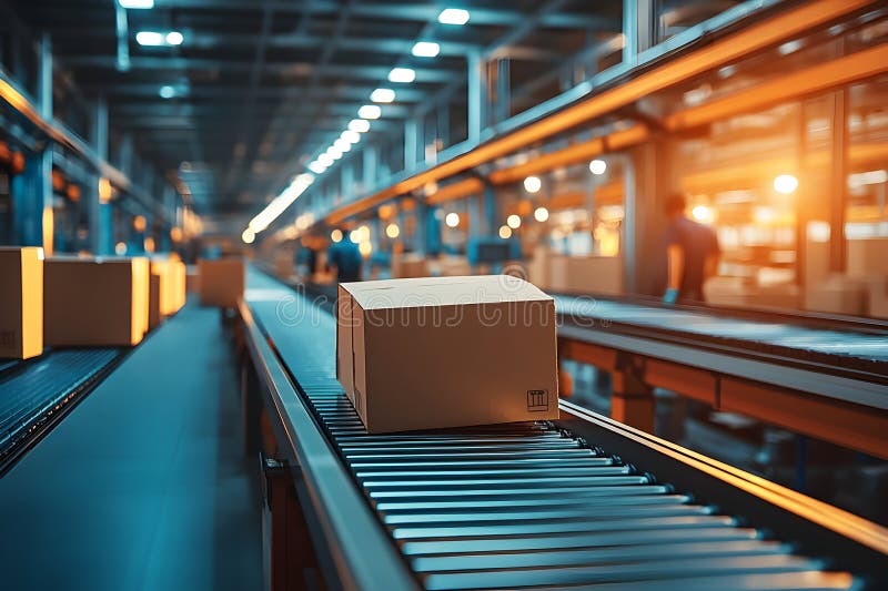 Cardboard Box on Conveyor Belt in Modern Warehouse with Warm Lighting Stock Image - Image of ...