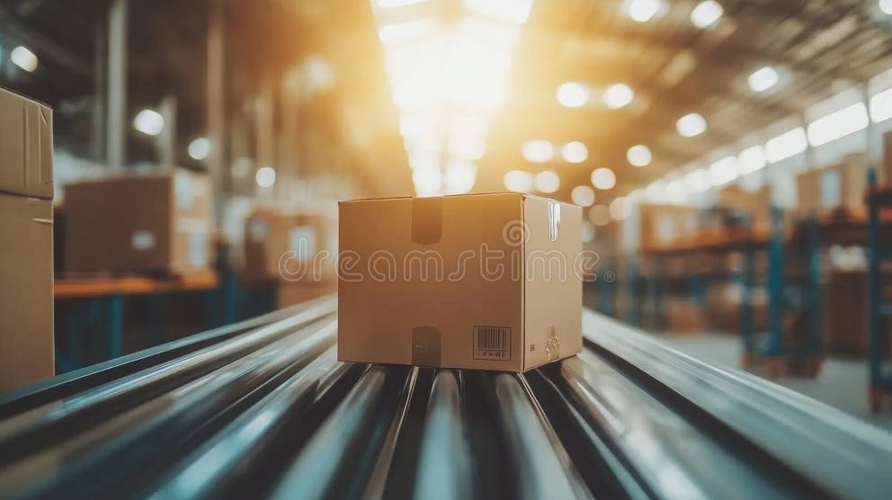 Cardboard Box on Conveyor Belt in Warehouse with Bright Lighting Stock Image - Image of carton ...