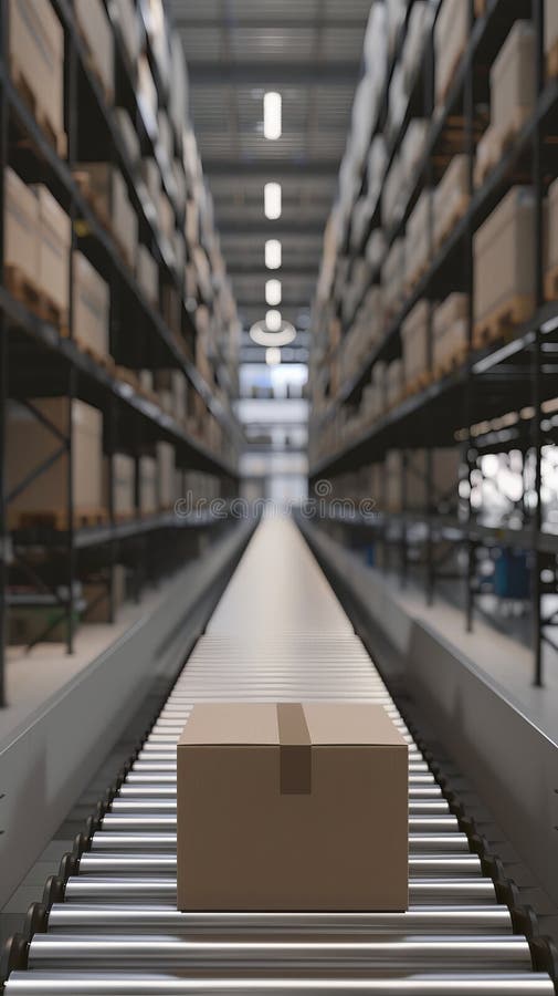 Cardboard Box on Conveyor Belt in Warehouse with Shelves, Logistics and ...