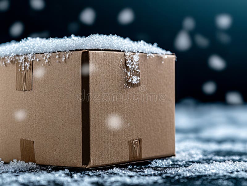 A Cardboard Box Covered in Snow on a Table Stock Photo - Image of brown ...