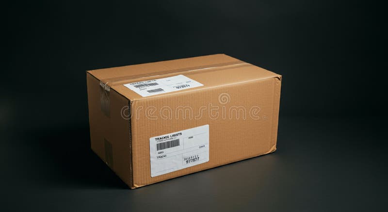 Cardboard Box on a Dark Surface, Featuring a Shipping Label with ...