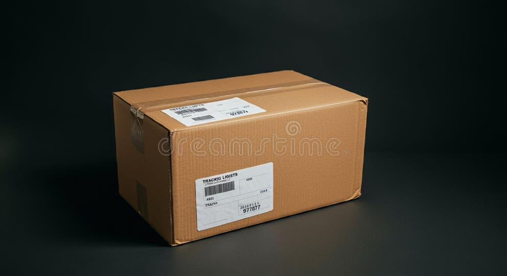 Cardboard Box on a Dark Surface, Featuring a Shipping Label with ...