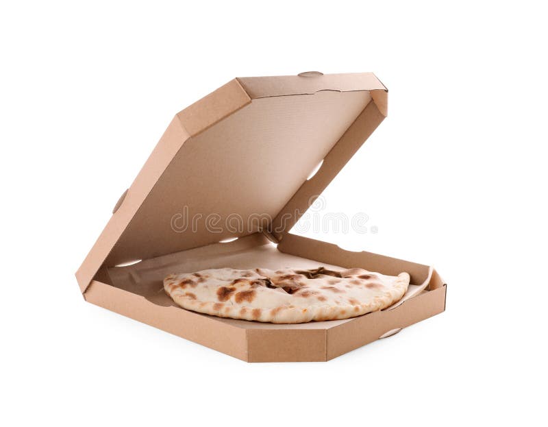 Cardboard Box with Delicious Calzone on White Background Stock Image ...