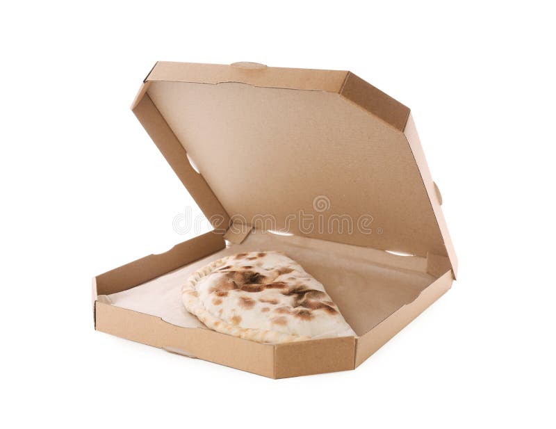 Cardboard Box with Delicious Calzone on White Background Stock Photo ...