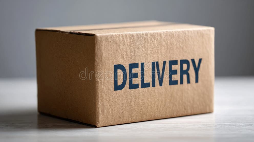 Cardboard Box with Delivery Text on Table Surface. Stock Photo - Image ...