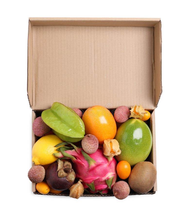 Cardboard Box with Different Exotic Fruits on White Background, Top ...