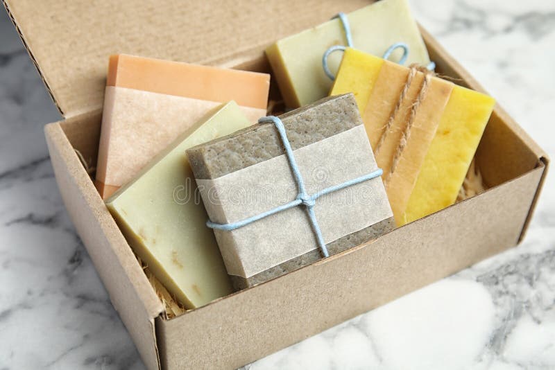 Cardboard Box With Different Handmade Soap Bars On Table Stock Image ...