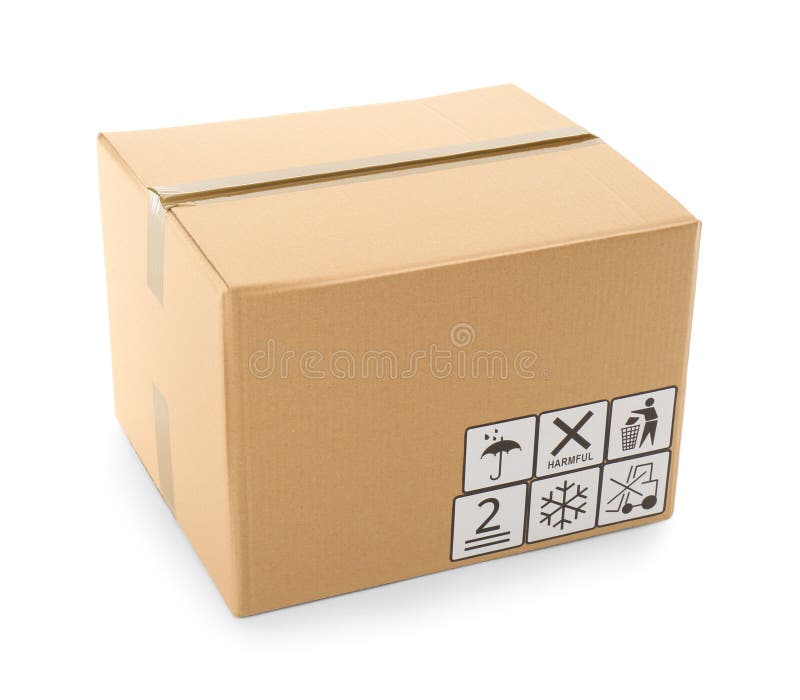 Cardboard Box with Packaging Symbols Isolated on White. Parcel Delivery ...