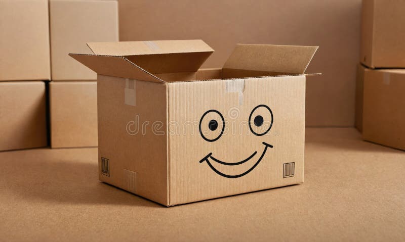 A Cardboard Box with a Drawn-on Smiley Face is Open and Sitting on a ...