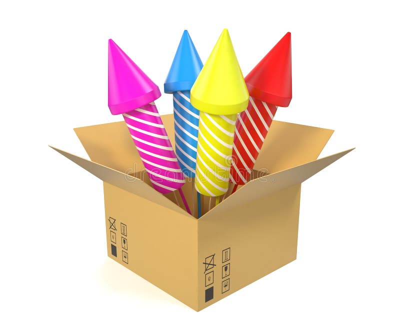 Cardboard Box with Festive Rockets Inside Isolated Stock Photo - Image ...