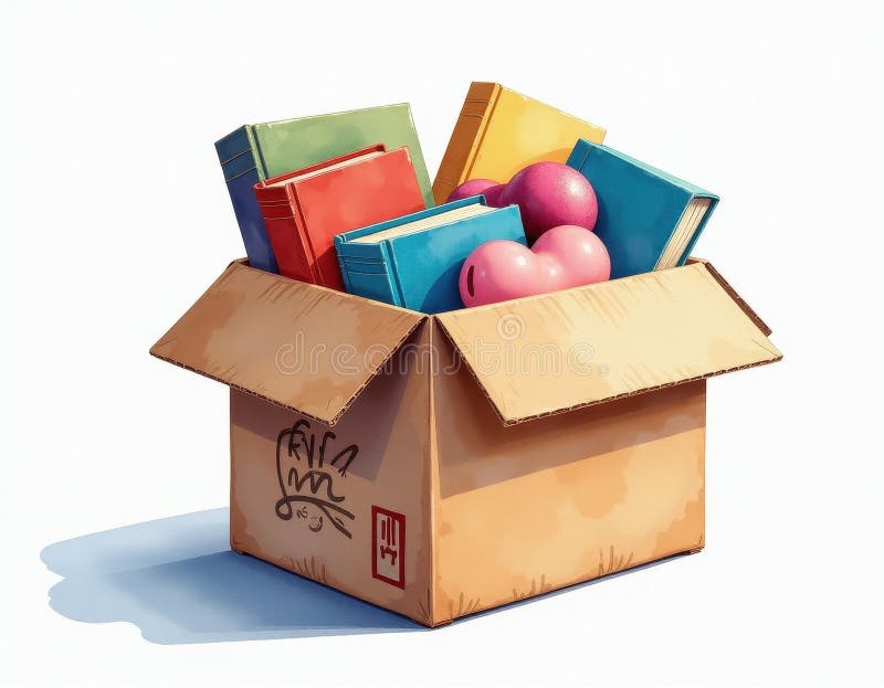 Cardboard Box Filled with Books and Heart-Shaped Objects Stock ...