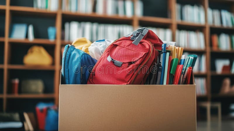 A Cardboard Box Filled with Colorful Backpacks and School Supplies in a ...