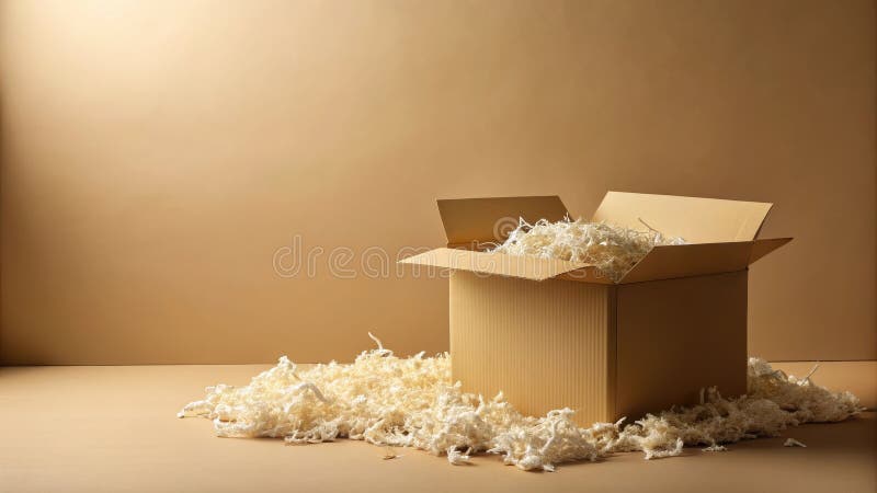 A Cardboard Box Filled with Packing Material Spills Onto a Neutral ...