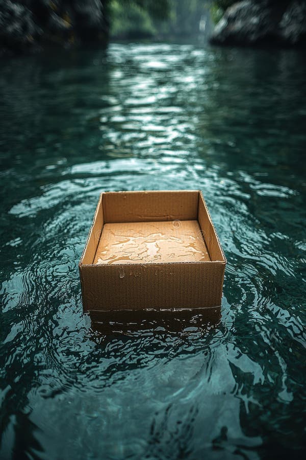 Cardboard Box Floating on Calm Water in Serene Natural Setting, Evoking ...