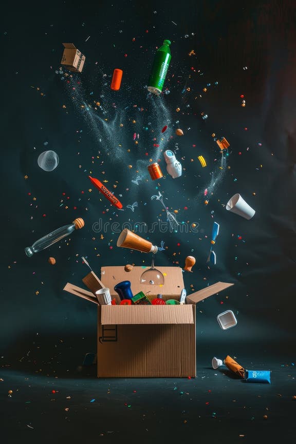 A Cardboard Box with Flying Objects from it. Various Items are Falling ...