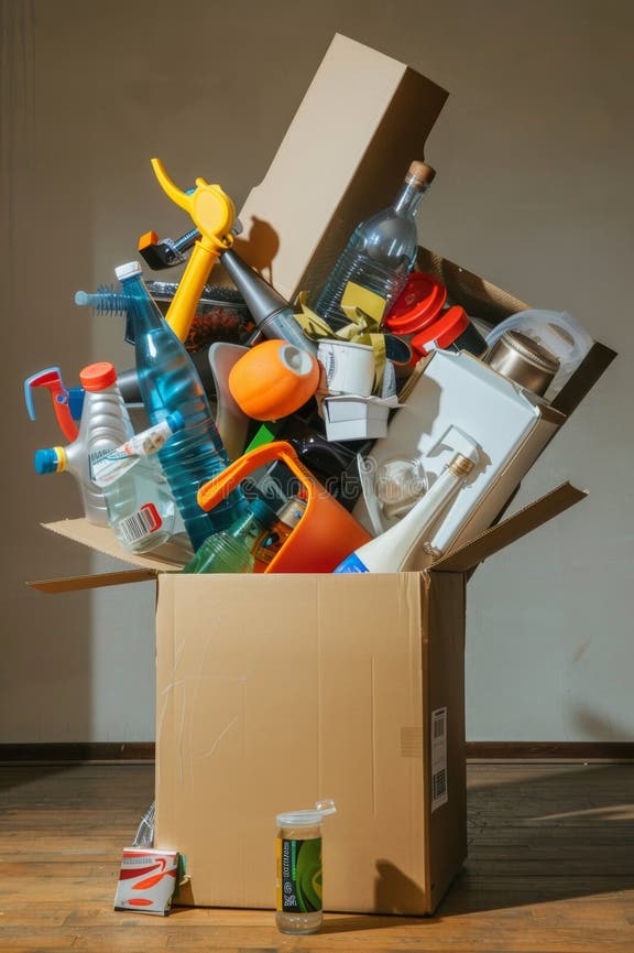 A Cardboard Box with Flying Objects from it. Various Items are Falling ...