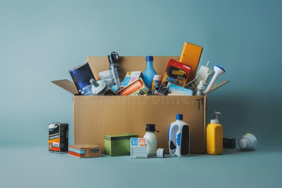 A Cardboard Box with Flying Objects from it. Various Items are Falling ...