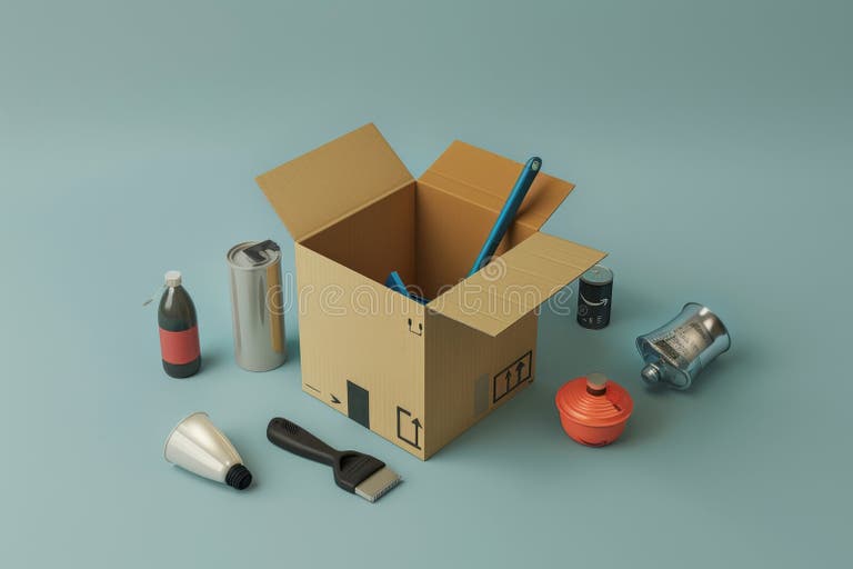 A Cardboard Box with Flying Objects from it. Various Items are Falling ...