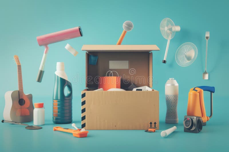 A Cardboard Box with Flying Objects from it. Various Items are Falling ...