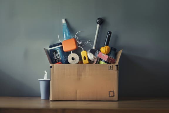 A Cardboard Box with Flying Objects from it. Various Items are Falling ...