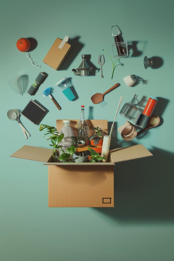 A Cardboard Box with Flying Objects from it. Various Items are Falling ...