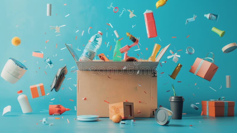 A Cardboard Box with Flying Objects from it. Various Items are Falling ...