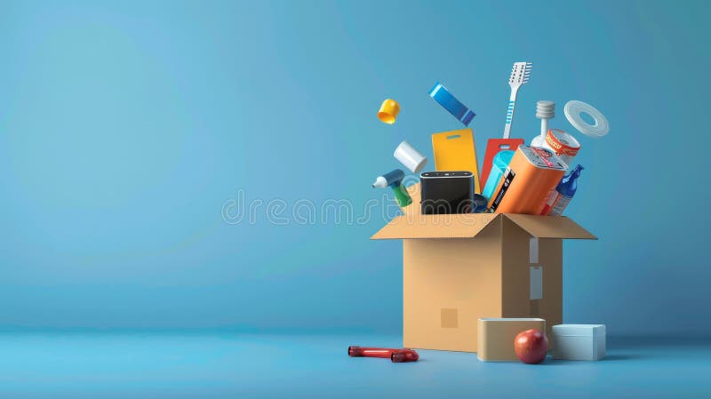 A Cardboard Box with Flying Objects from it. Various Items are Falling ...