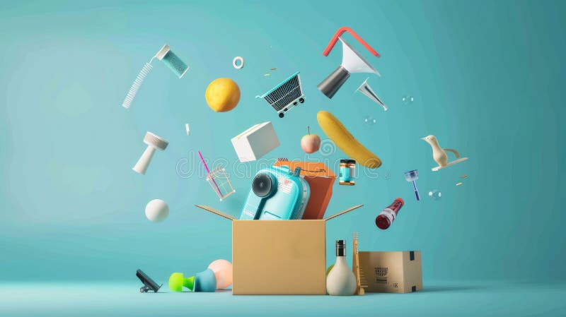A Cardboard Box with Flying Objects from it. Various Items are Falling ...
