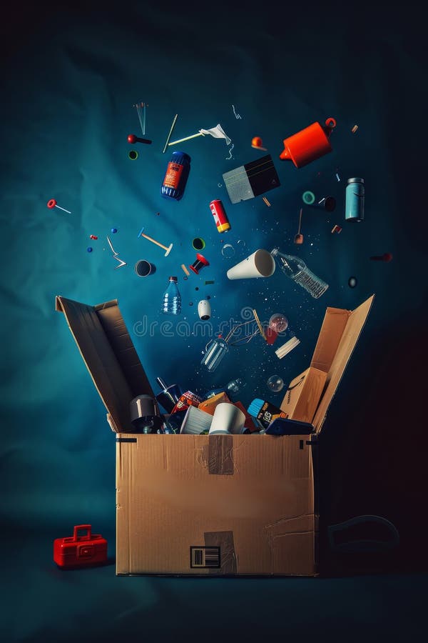 A Cardboard Box with Flying Objects from it. Various Items are Falling ...