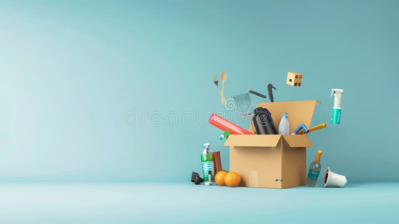A Cardboard Box with Flying Objects from it. Various Items are Falling ...