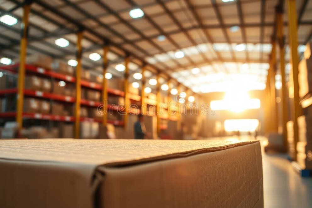 Cardboard Box in the Foreground with a Large Warehouse Stretching into ...