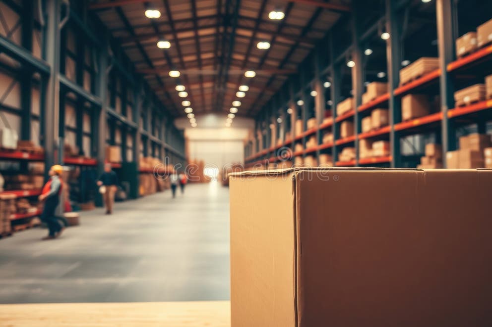 Cardboard Box in the Foreground with a Large Warehouse Stretching into ...