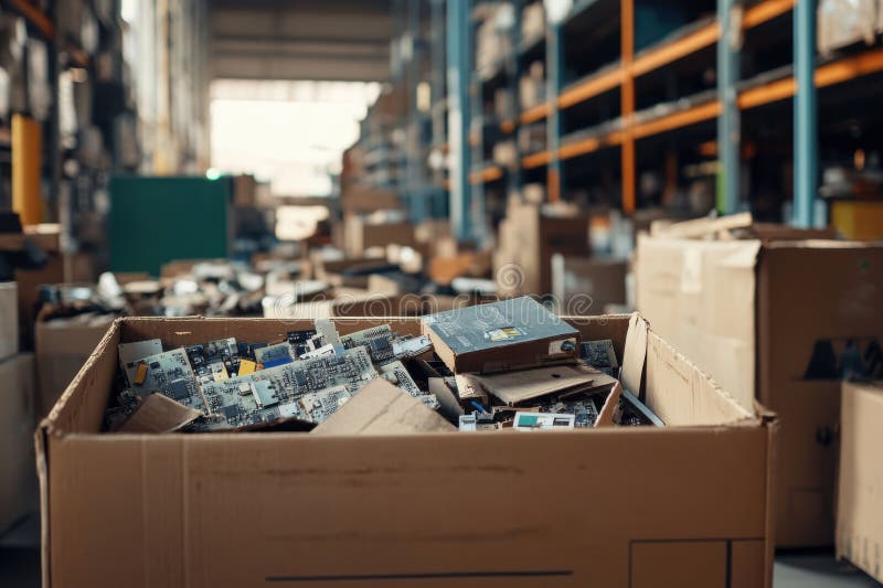 Cardboard Box Full of Electronic Waste in a Warehouse Stock ...