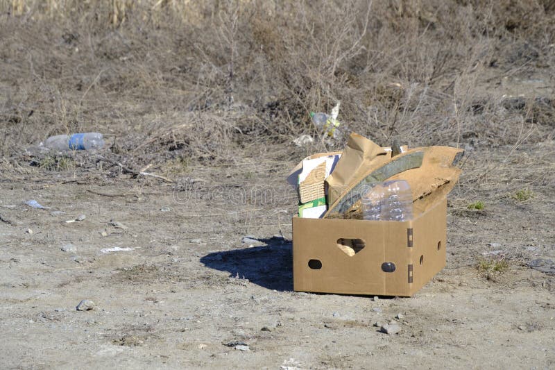 Cardboard Box Full Garbage is Thrown into Field.Environmental Pollution ...