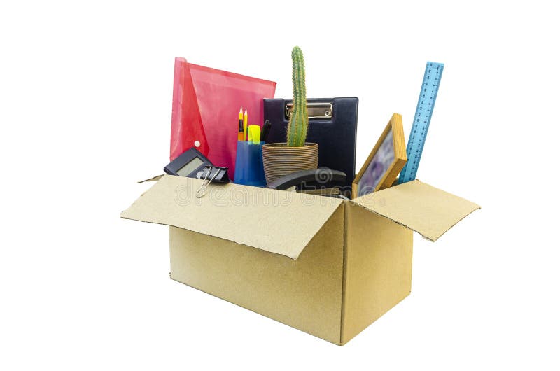 Cardboard Box Full of Office Stuff on White Background Stock Photo ...