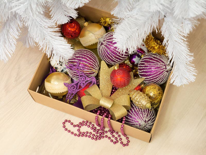 Cardboard Box Full of Various Christmas Decorations and a Bead Garland ...